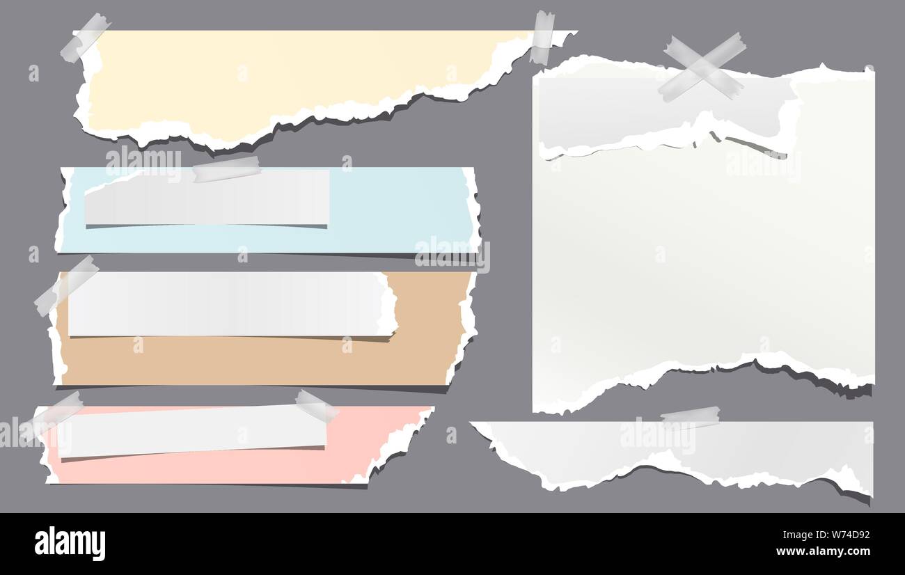 White colorful ripped, torn note, notebook paper strips, stuck with ...