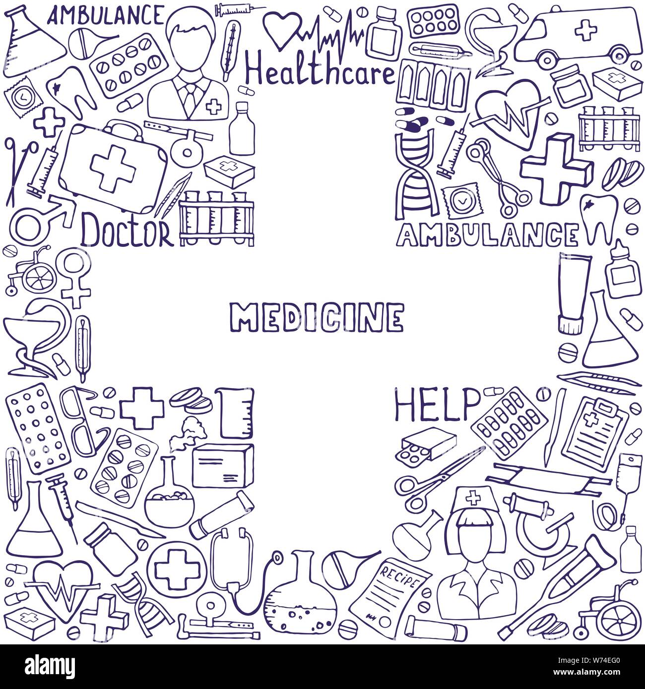 Hand drawn medicine icon set. Health care, pharmacy doodle icons ...