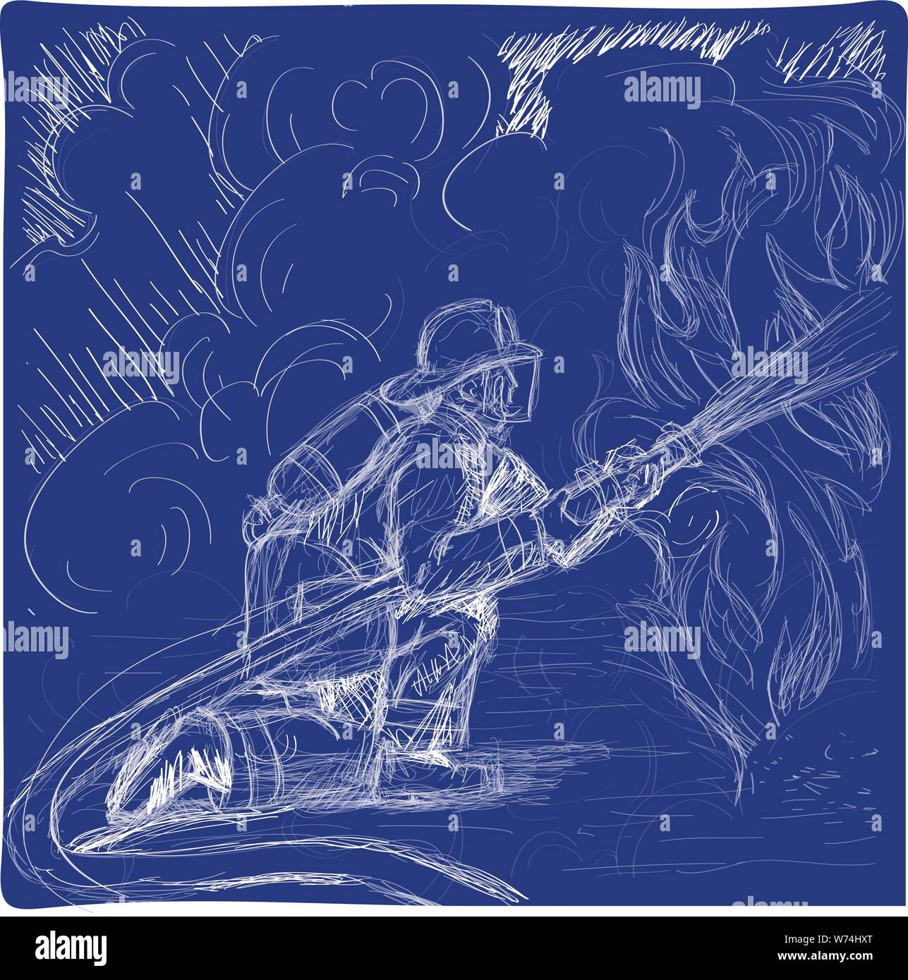 Fireman sketch illustration hosing down a blazing fire Stock Vector ...