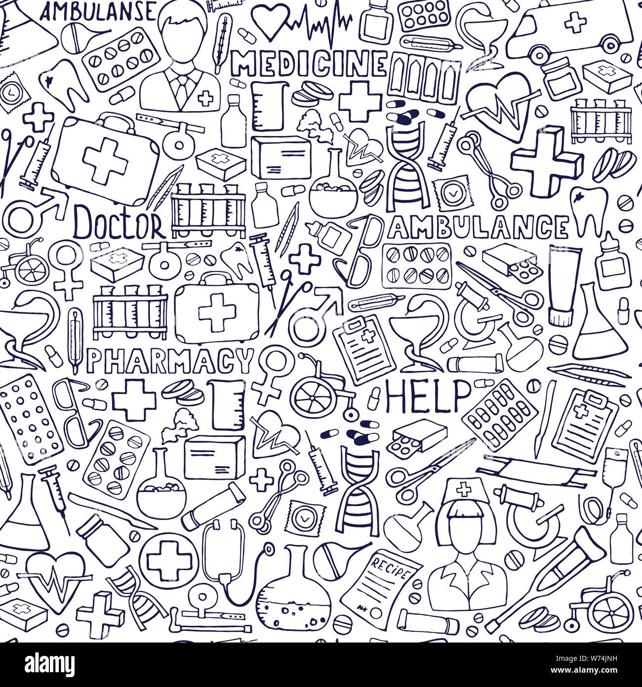 Hand drawn medicine pattern. Health care, pharmacy doodle seamless ...