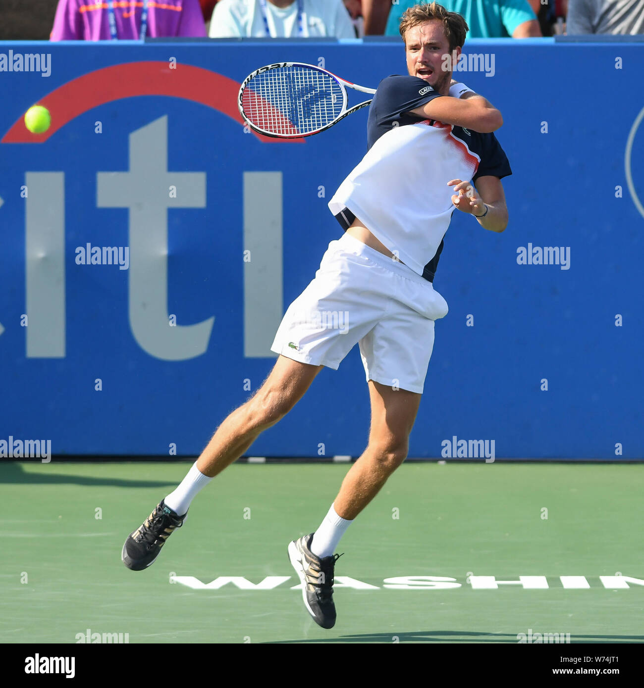 Washington, D.C, USA. 4th Aug, 2019. DANIIL MEDVEDEV hits a forehand at ...