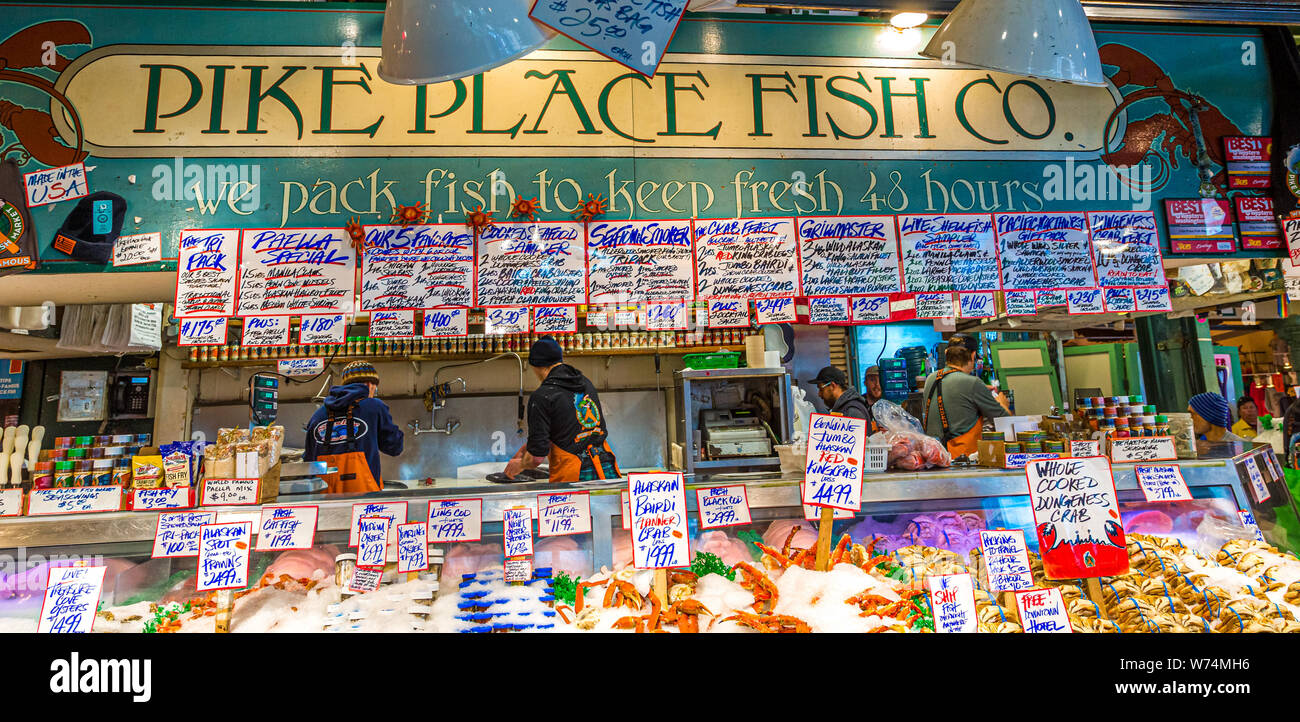 A view inside the famous Pike Place Market in Seattle, Washington, USA ...