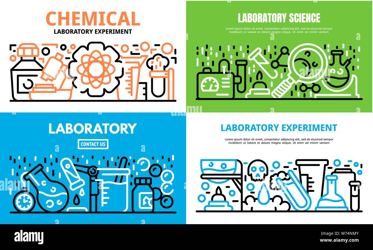 Chemical laboratory experiment science banner set, outline style Stock ...