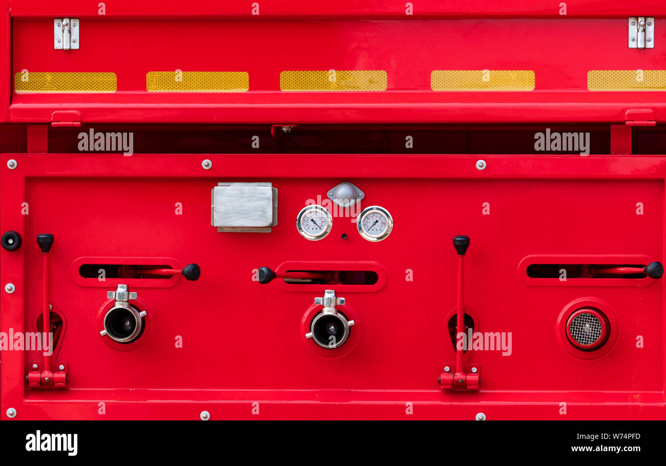 Fire truck. Rescue engine. Side view of red firetruck vehicle. Fire ...