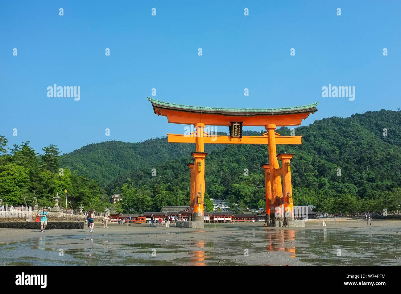 Torii gate at low tide on Itsukushima Miyajima Island, in Japan Stock ...