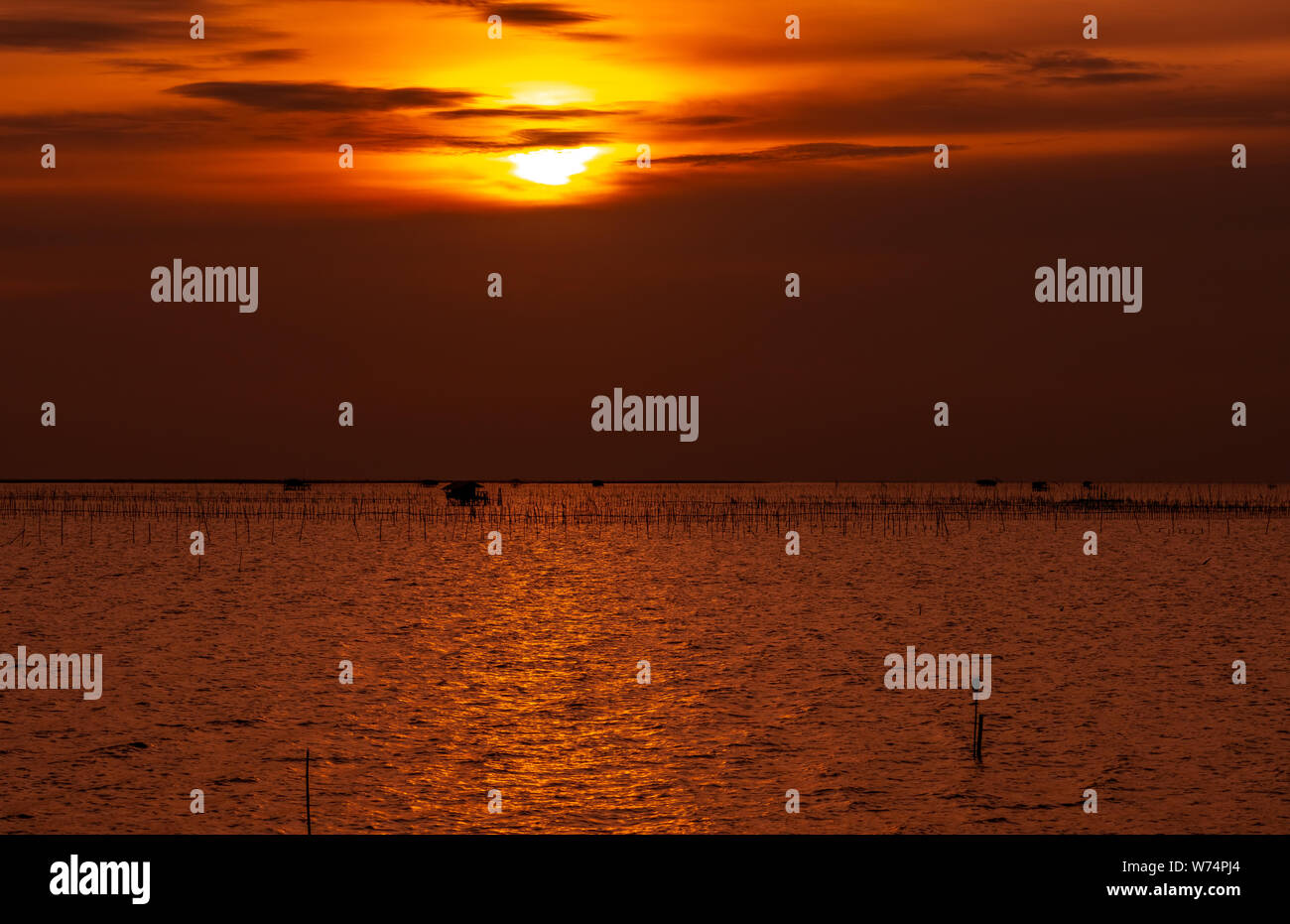 Beautiful sunset over the sea. Dark and golden sunset sky and clouds ...