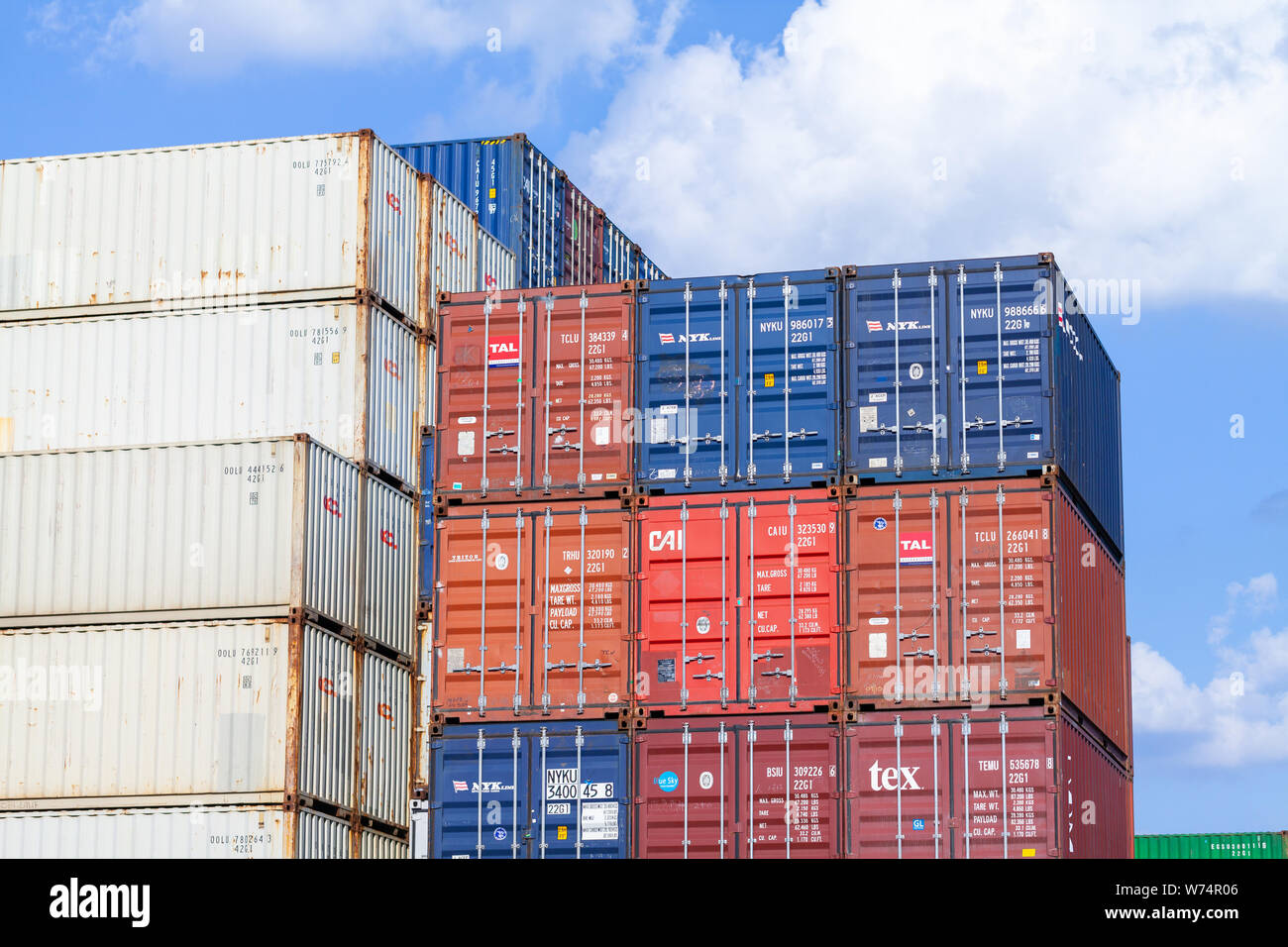 NUREMBERG / GERMANY - AUGUST 4, 2019: Shipping containers stands on ...