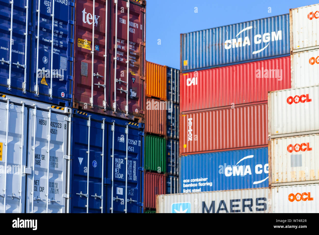 NUREMBERG / GERMANY - AUGUST 4, 2019: Shipping containers stands on ...