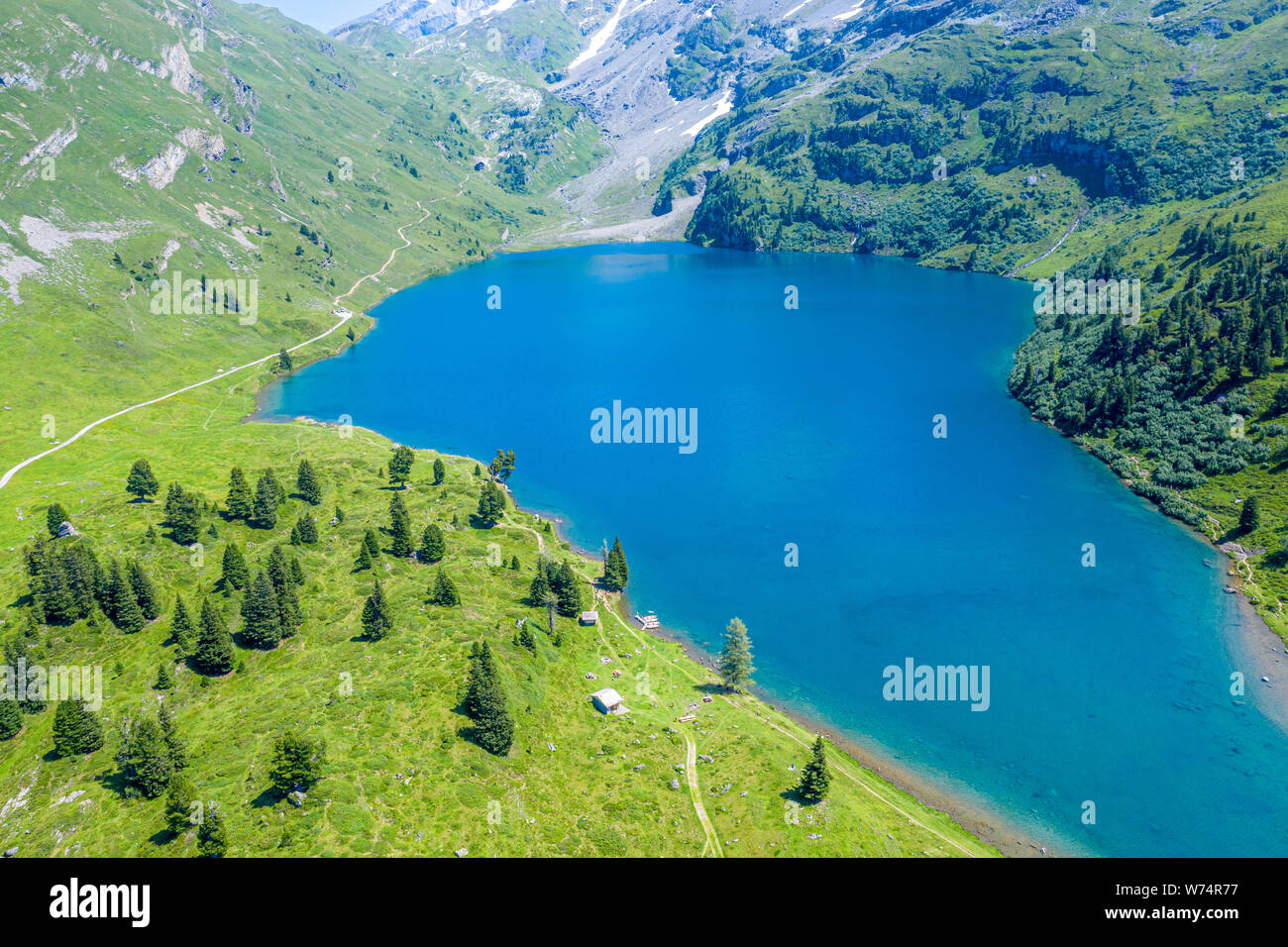 Beautiful mountain lake in the Swiss Alps - Switzerland from above ...