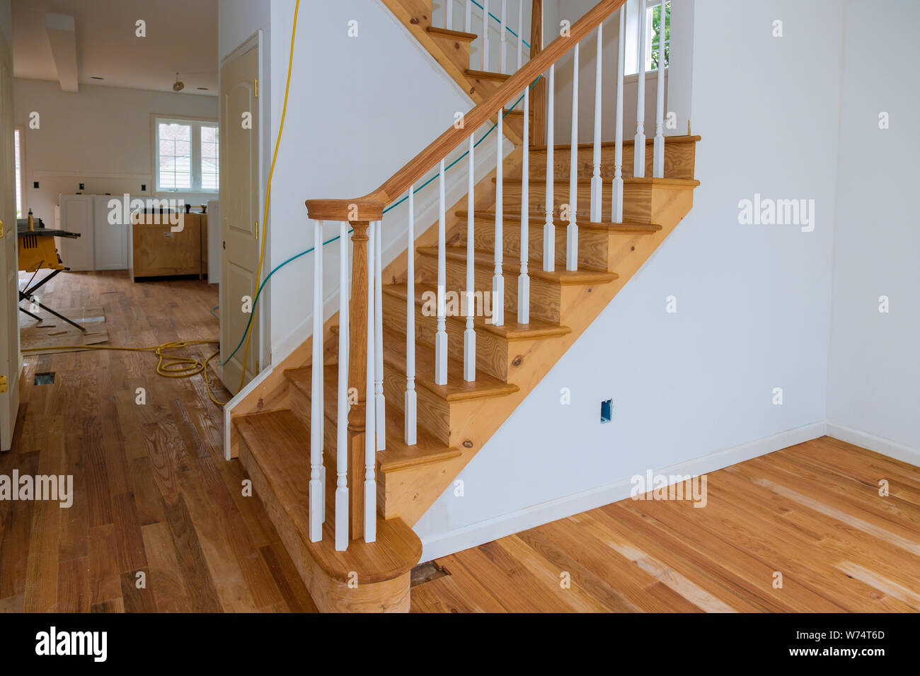 Wooden planks around pole stairs handrails renovation for railing for ...