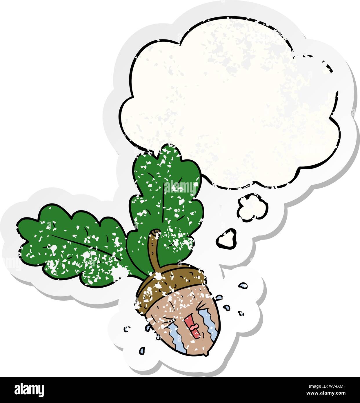 cartoon crying acorn with thought bubble as a distressed worn sticker ...