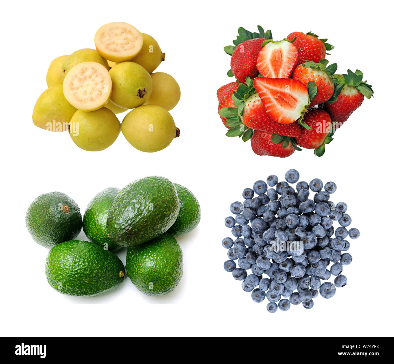 guava, blueberry, strawberry and avocado isolated on white background ...