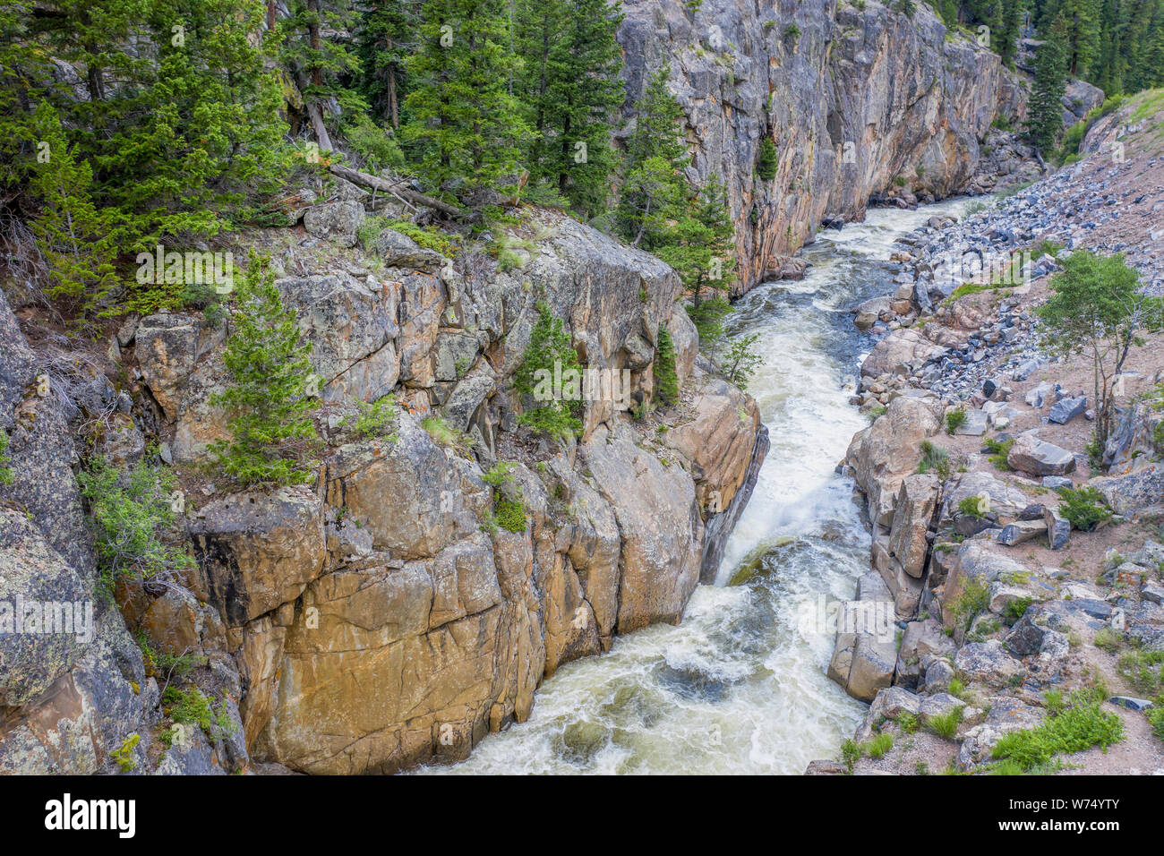 Cache la Poudre River at Poudre Falls - aerial view in summer with high ...