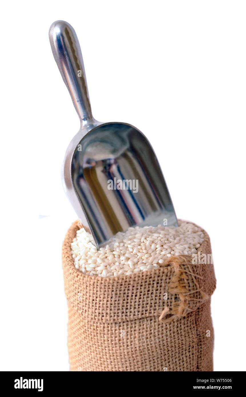 sweet and sticky rice sack and big scoop isolate on white background ...