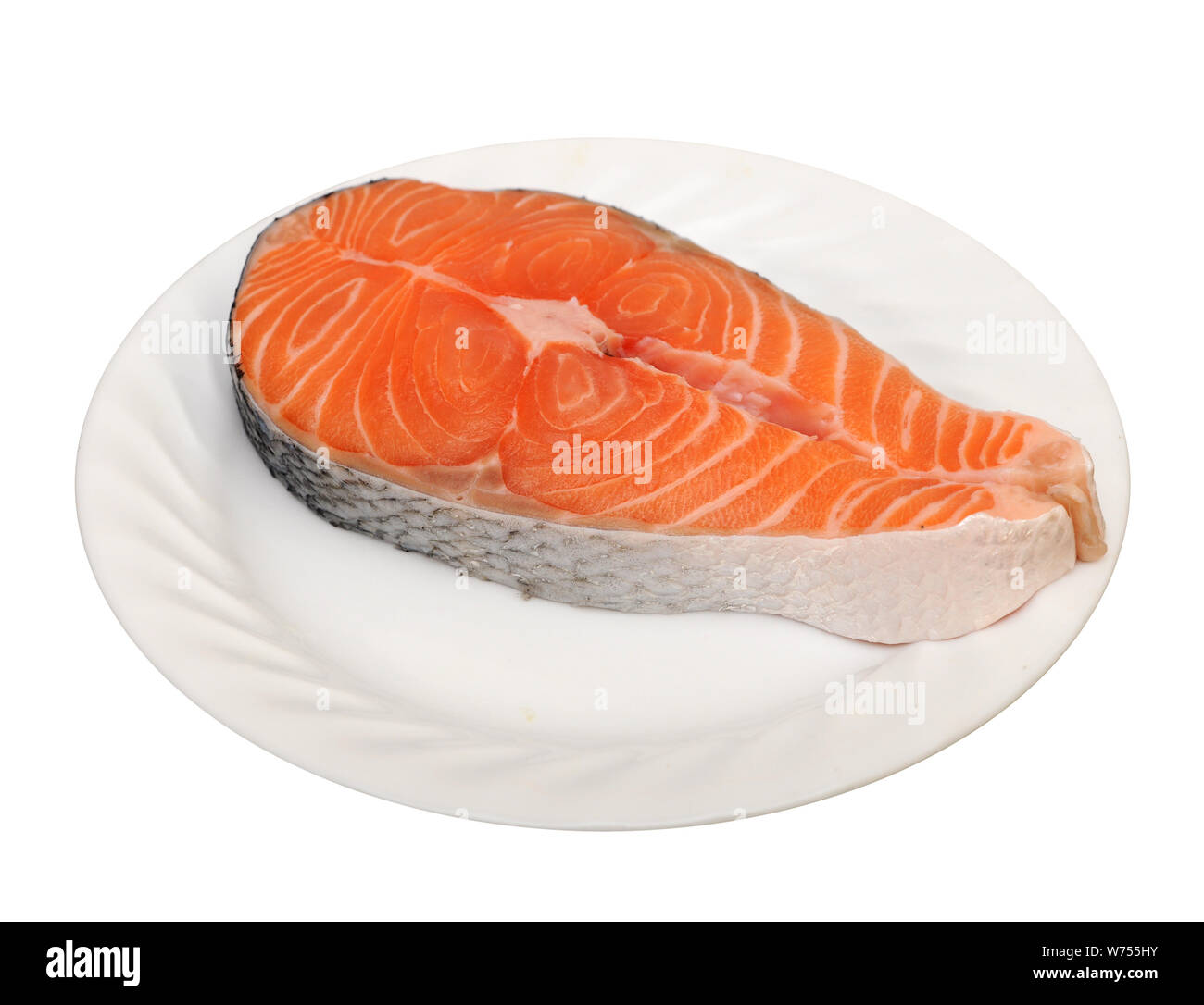a slice of salmon fish on dish isolate on white background Stock Photo ...