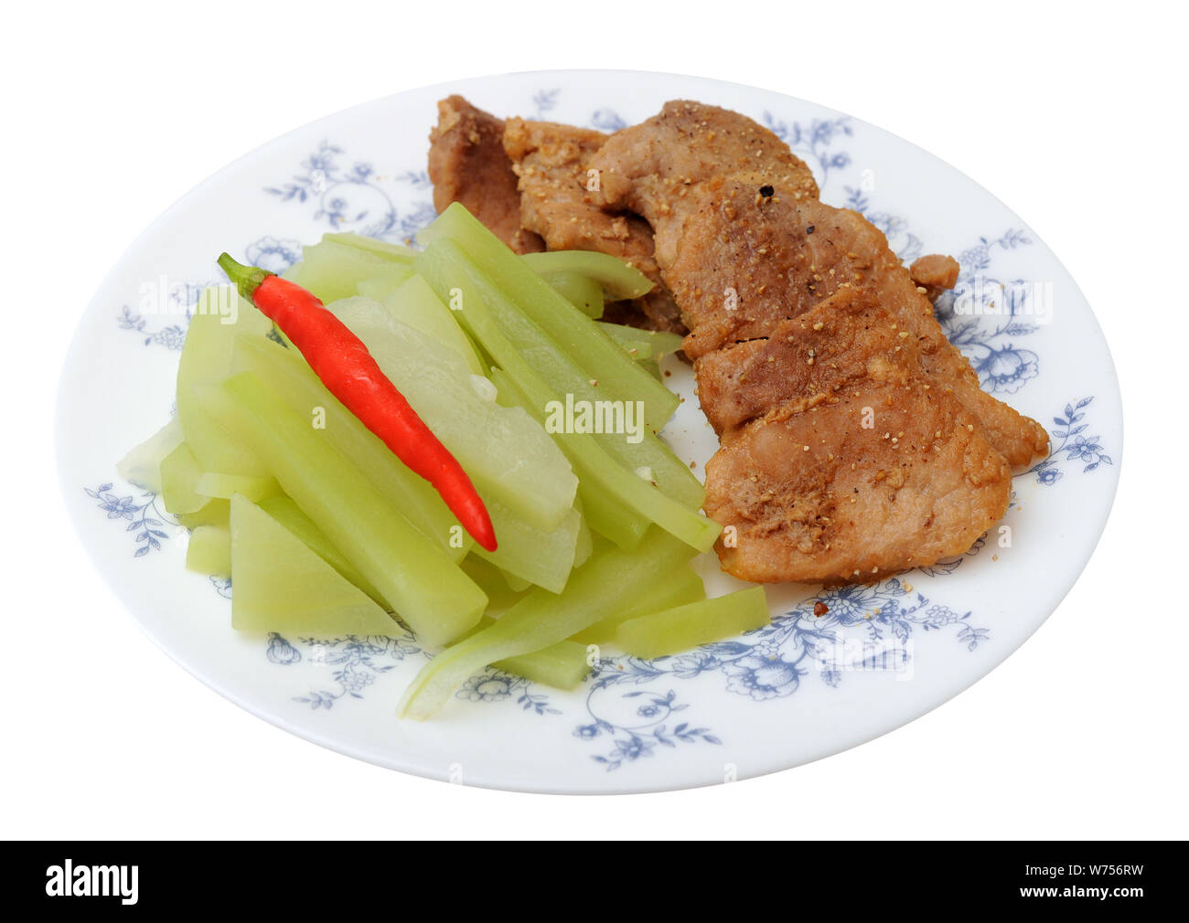 grilled pork and chayote on dish isolated on white background Stock ...