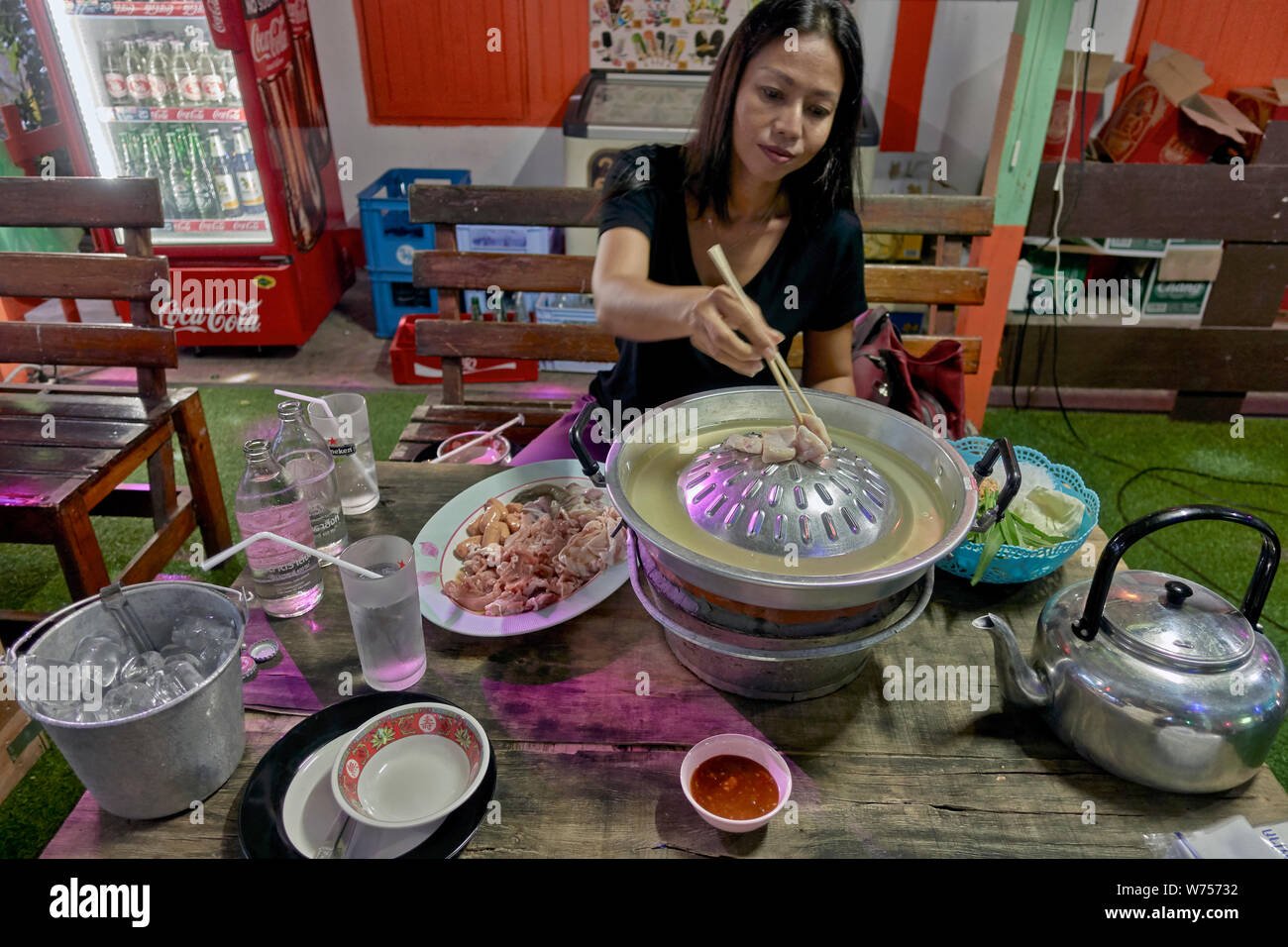 Shabu, BBQ, hotpot, food self cooking in a Thailand restaurant ...