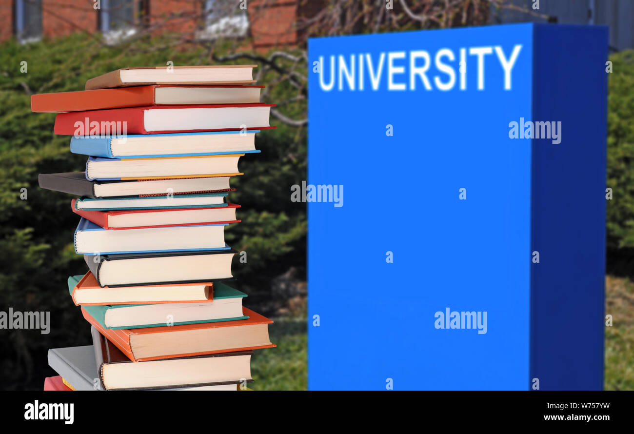 concept of higher education: books on campus of university Stock Photo ...