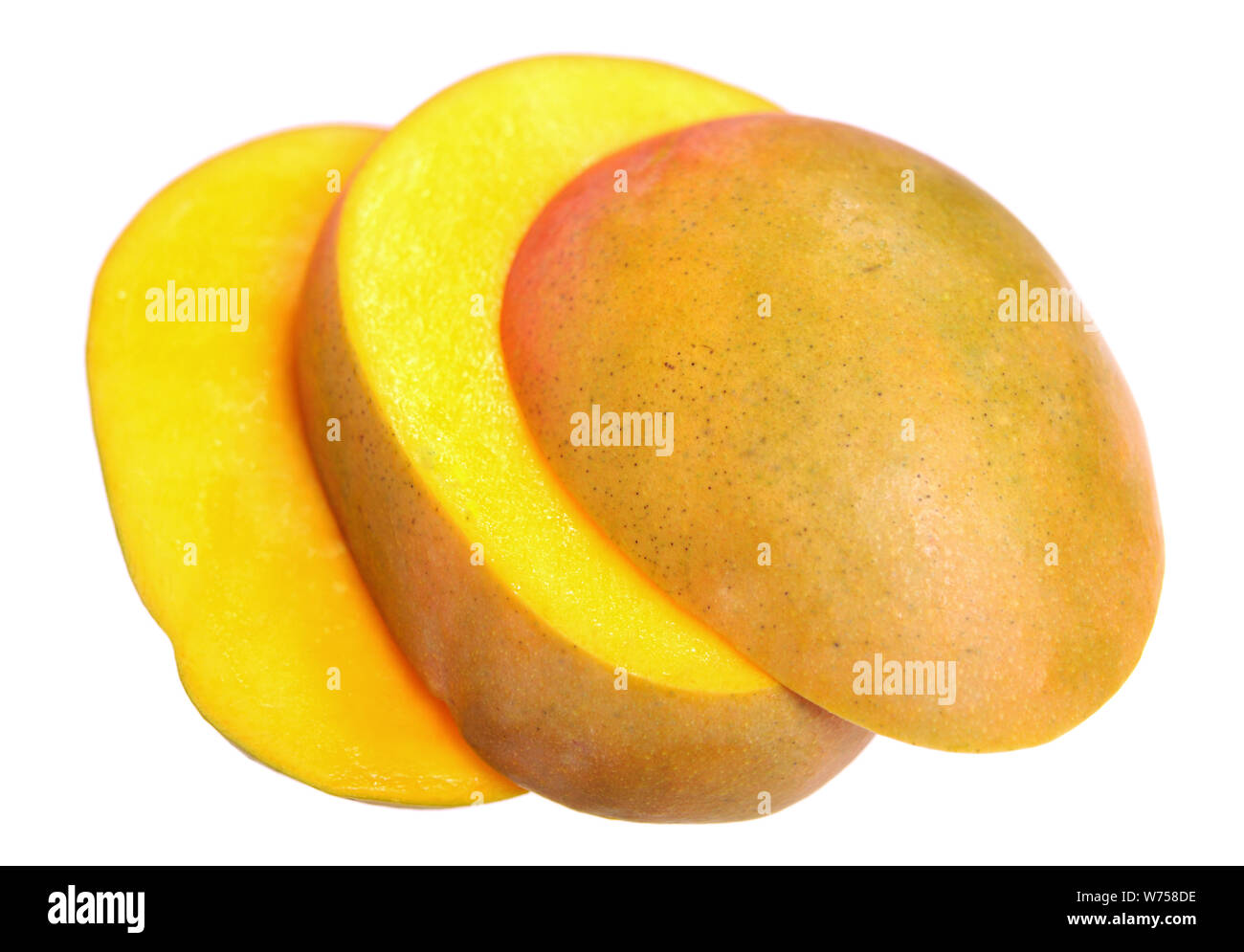a mango fruit divided by three slices isolated on white Stock Photo - Alamy