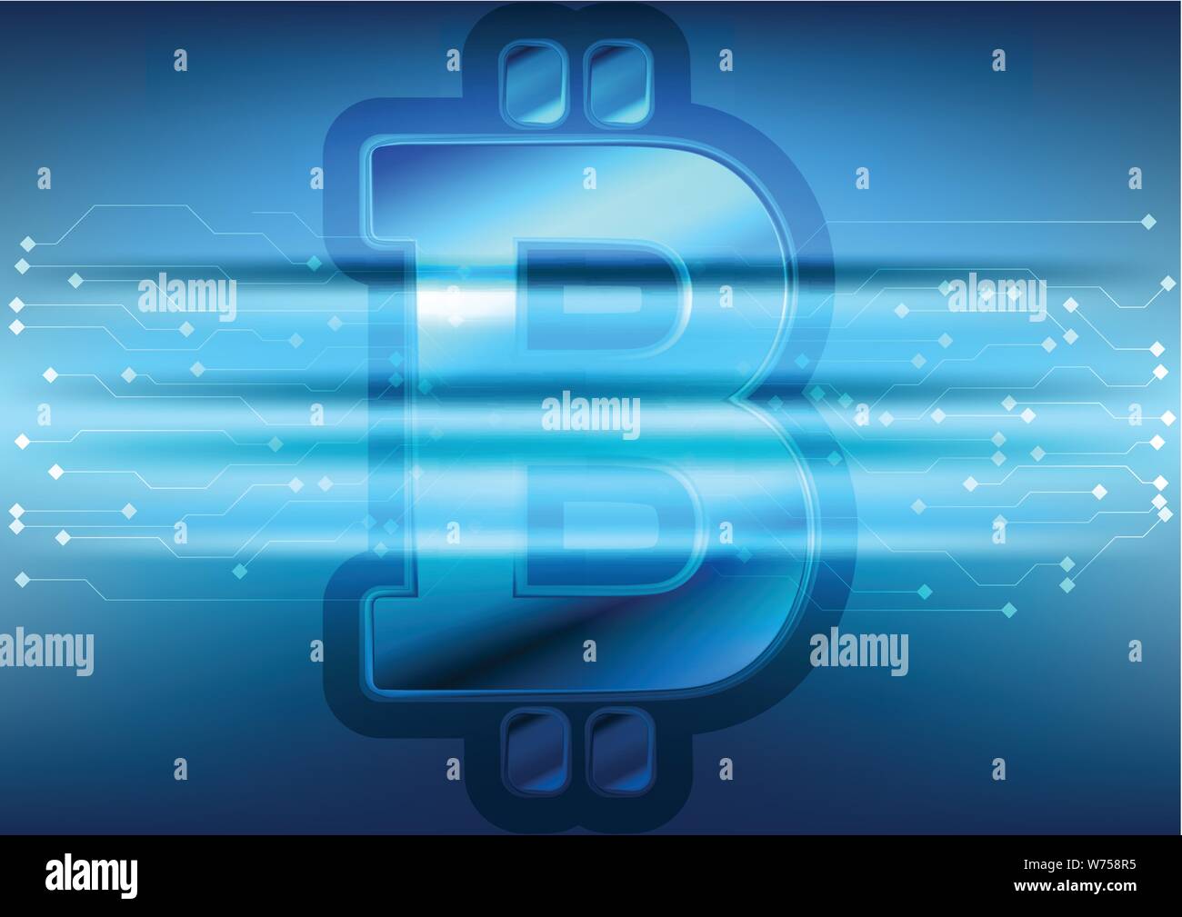 Blue technology background with bitcoin money emblem and circuit board ...