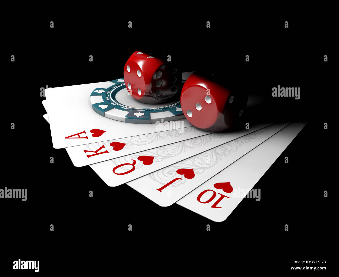 3d Illustration of big bet for playing cards on money, on a black ...