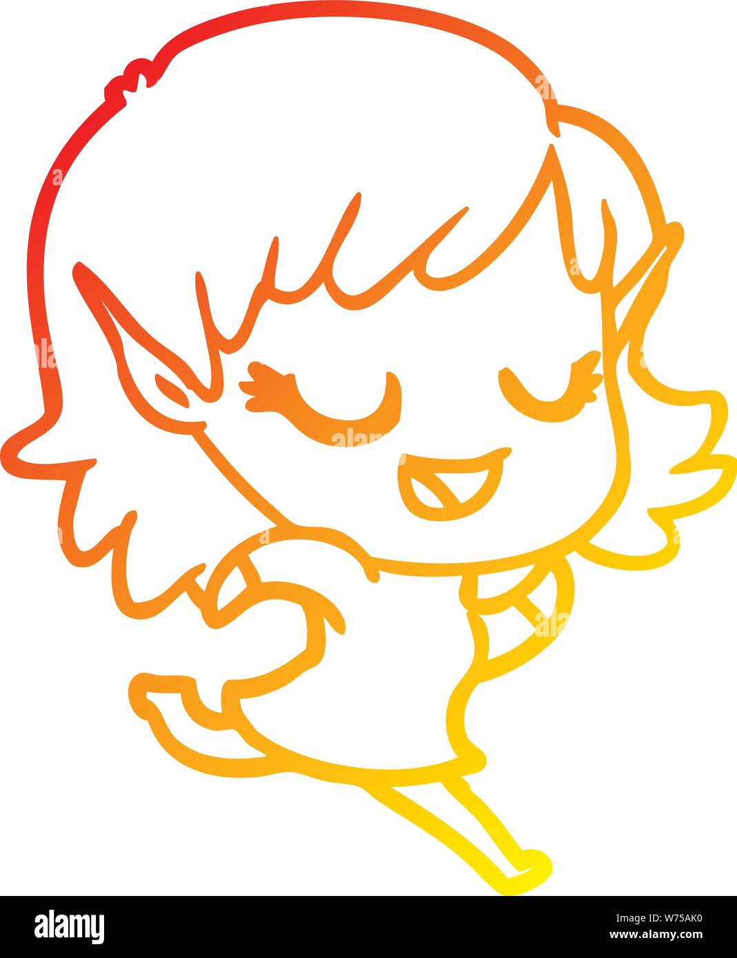 warm gradient line drawing of a happy cartoon elf girl running Stock ...