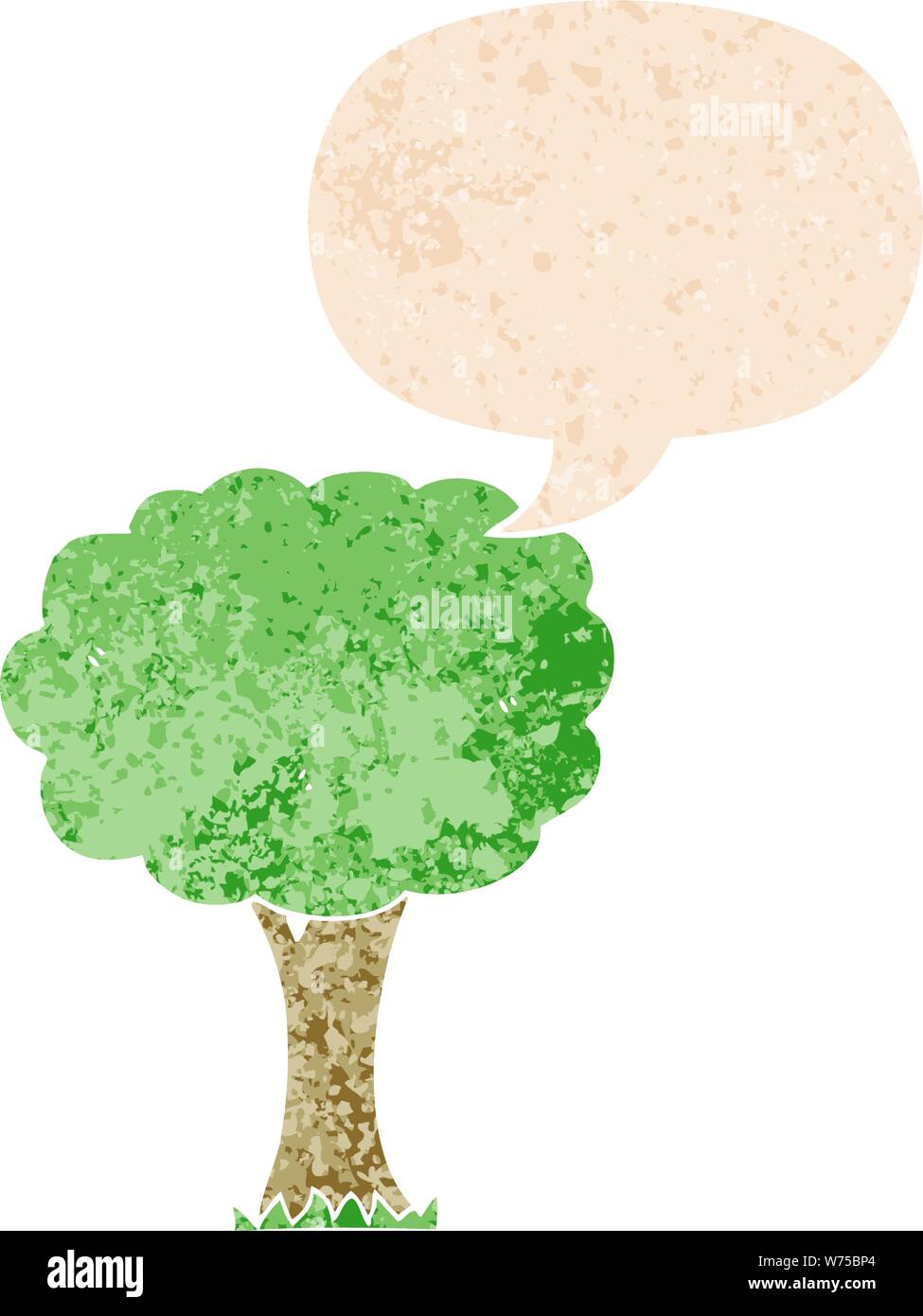 cartoon tree with speech bubble in grunge distressed retro textured ...