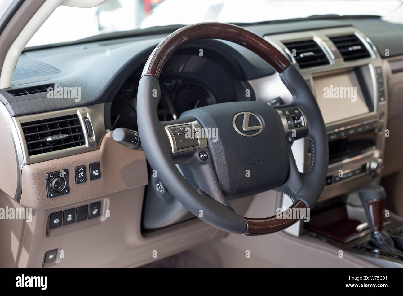 Russia, Izhevsk - July 21, 2019: Lexus showroom. Interior of new modern ...