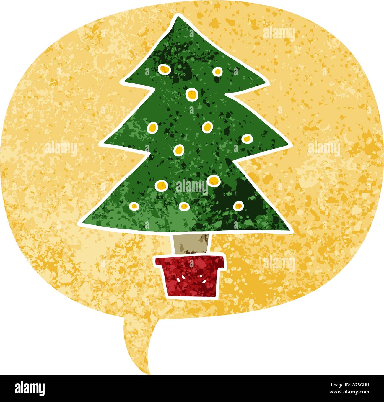 cartoon christmas tree with speech bubble in grunge distressed retro ...
