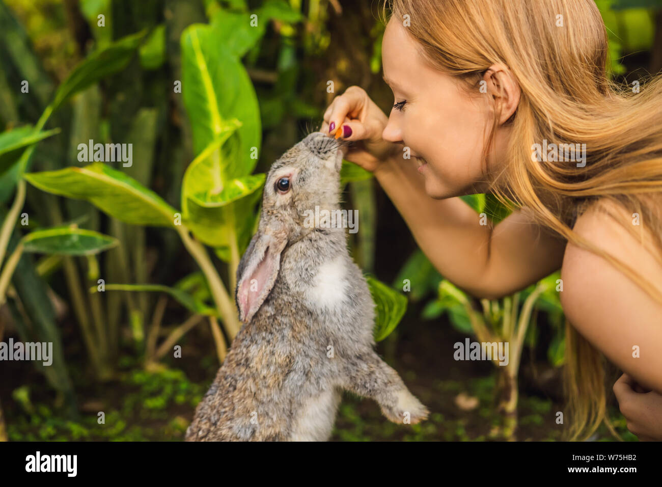 Woman holding a rabbit. Cosmetics test on rabbit animal. Cruelty free ...