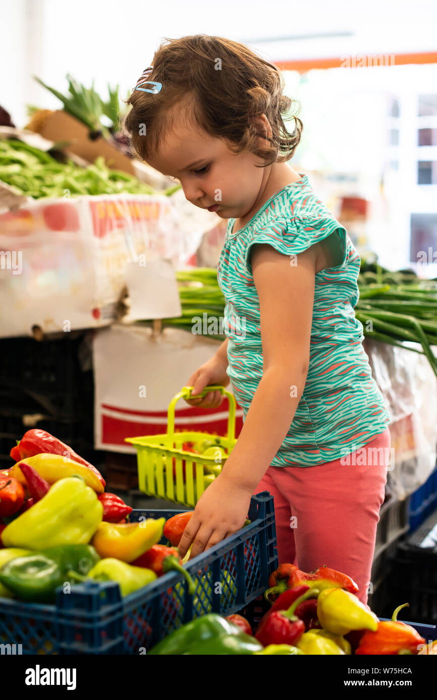 Kid shopping in vegetable market. Child collect peppers in basket Stock ...