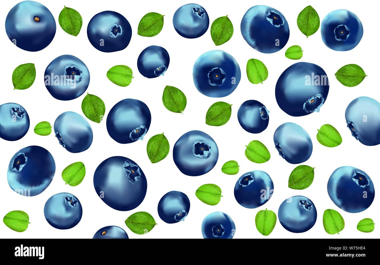 Forest berry with leaft in motion. Top view. Collection fresh ripe blueberry. 3d realistic ...