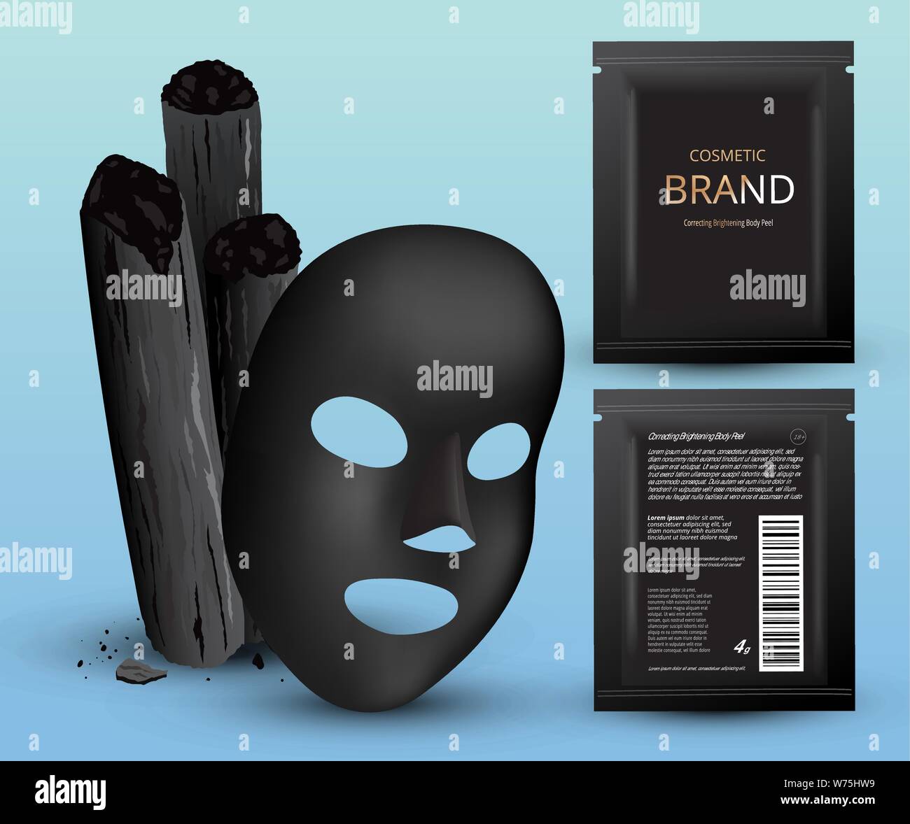 Charcoal bamboo sticks, black mask. Cosmetic plastic sachets. Design ...