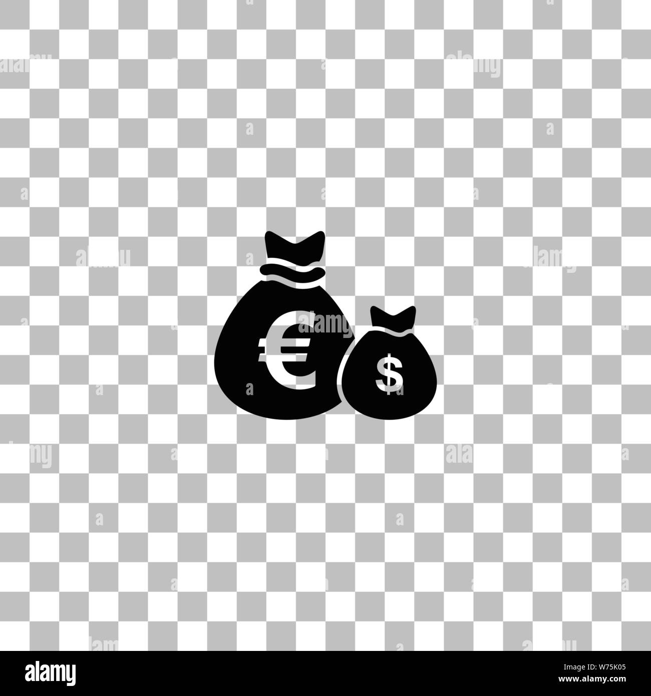 Money Bags with currency symbols. Black flat icon on a transparent ...