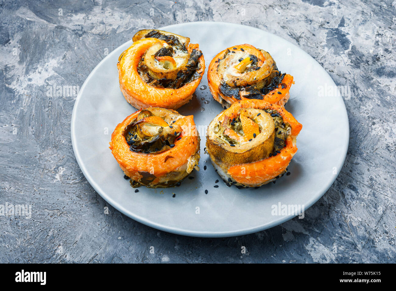 Salmon and pike perch fish roses.Banquet fish dish Stock Photo - Alamy