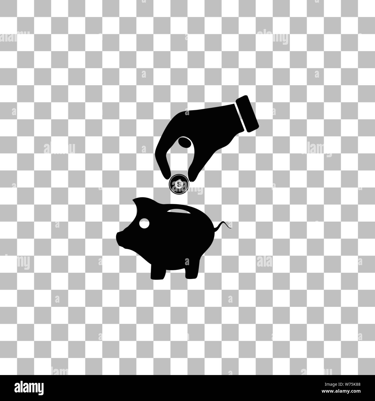 Hand pick down coin into pig money box. Black flat icon on a ...