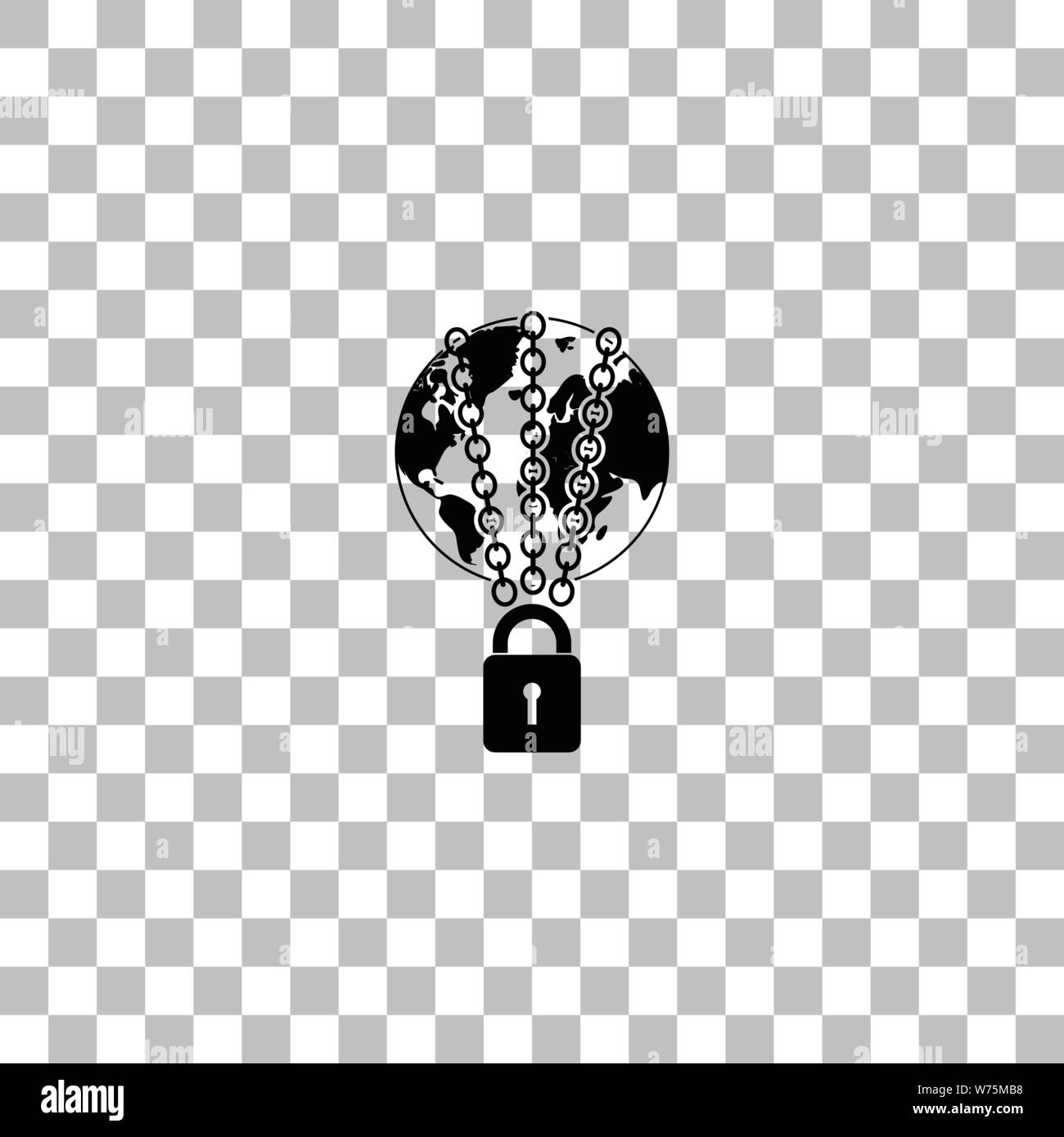 Earth globe in strong chain. Black flat icon on a transparent ...