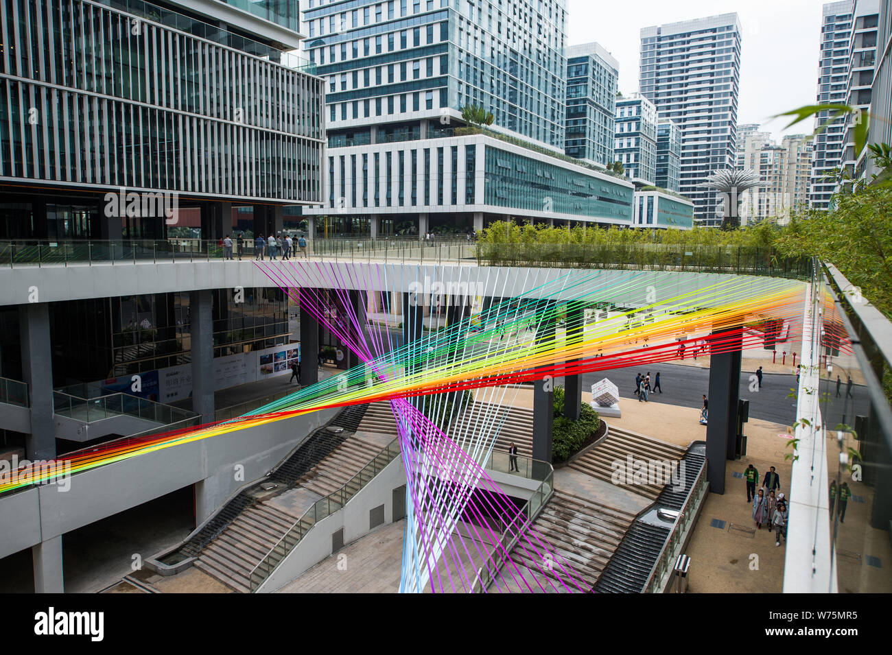 Colorful ribbons used to decorate buildings are viewed from different ...