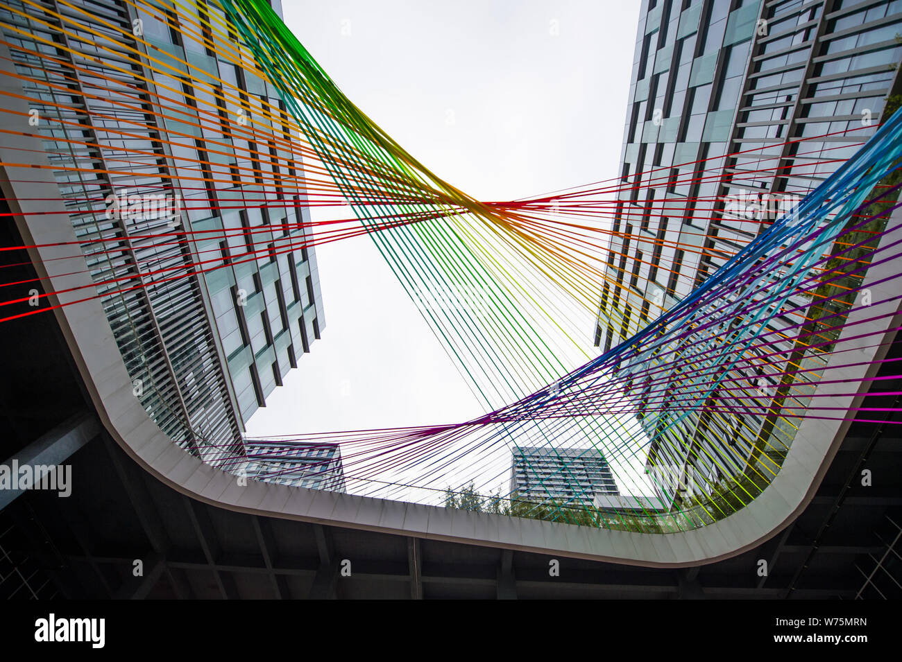 Colorful ribbons used to decorate buildings are viewed from different ...