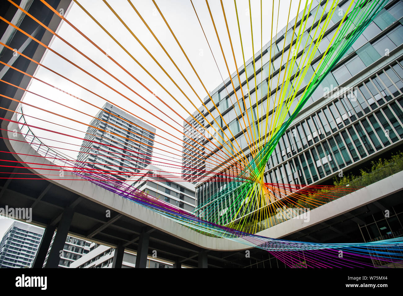 Colorful ribbons used to decorate buildings are viewed from different ...