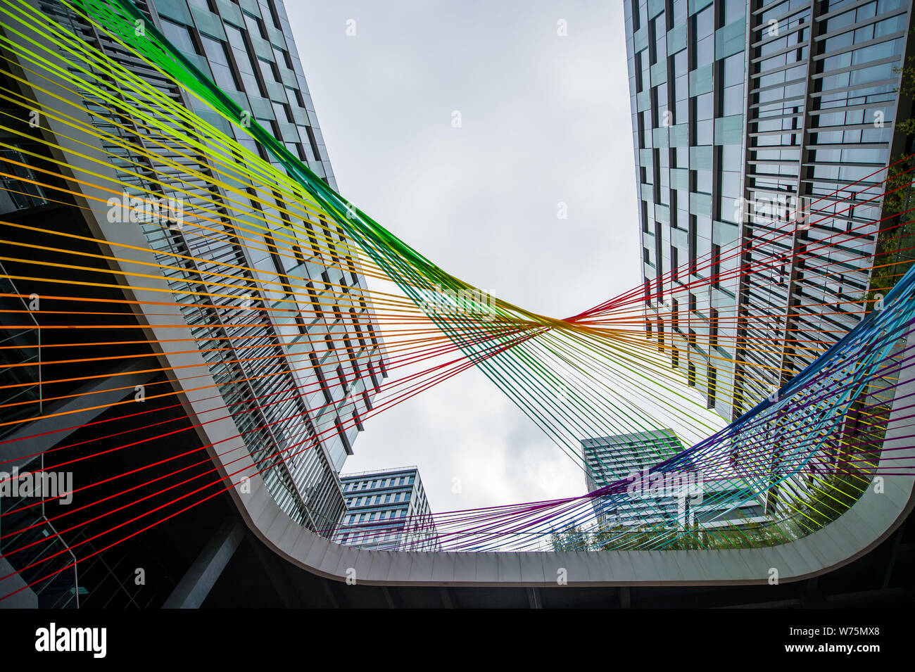 Colorful ribbons used to decorate buildings are viewed from different ...