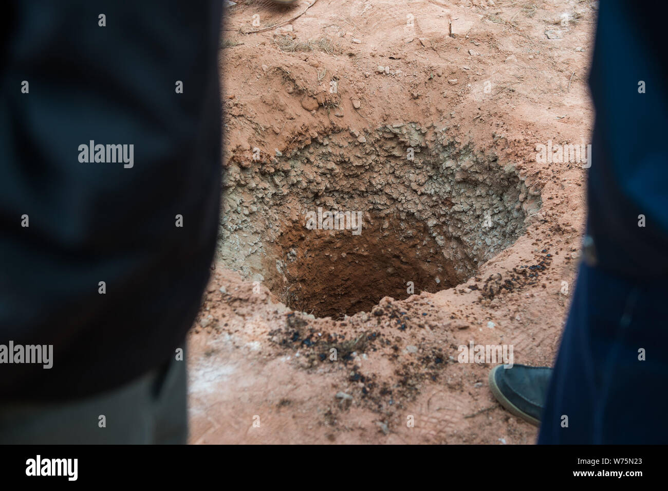 View of a pit for piling at the construction site after an illegal ...