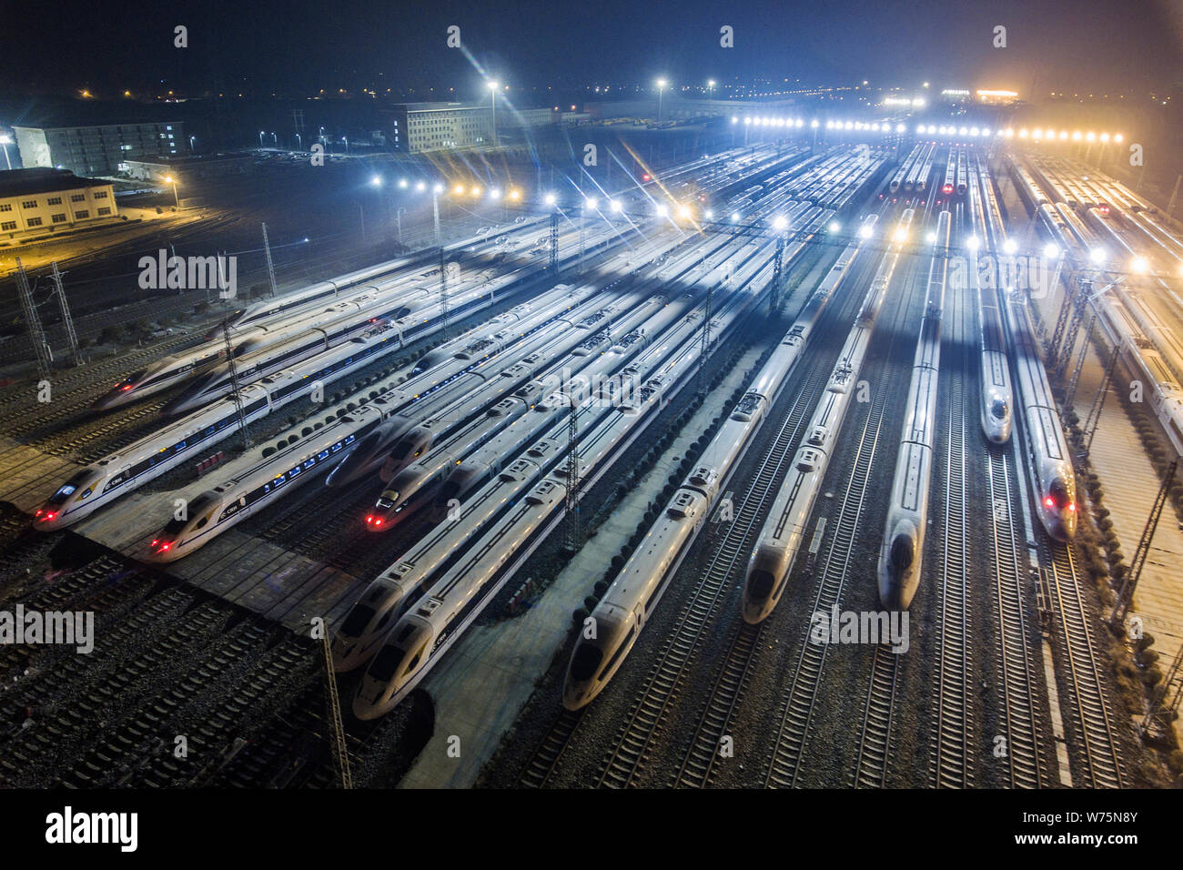Aerial view of CRH (China Railway High-speed) bullet trains to operate ...