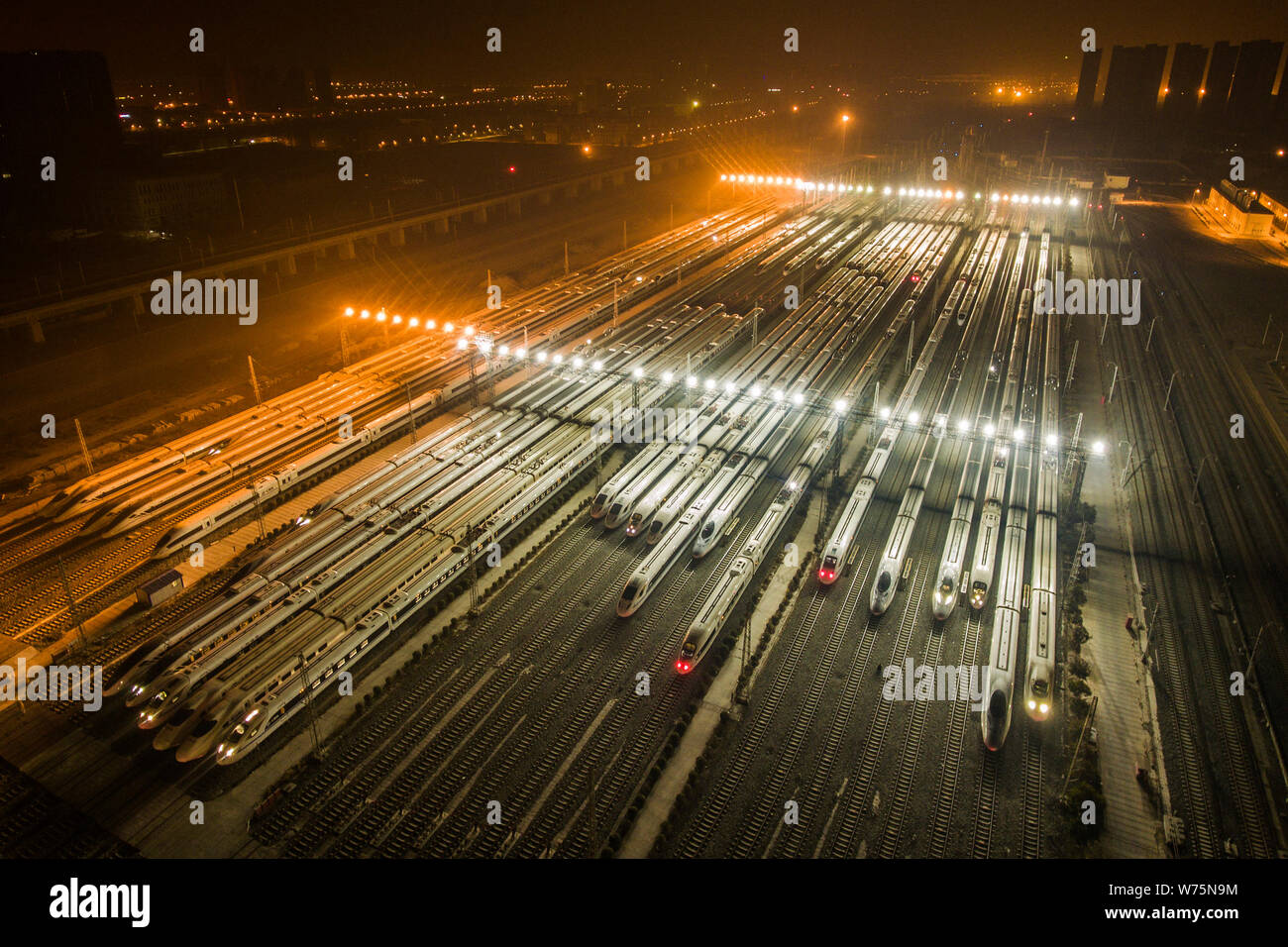Aerial view of CRH (China Railway High-speed) bullet trains to operate ...