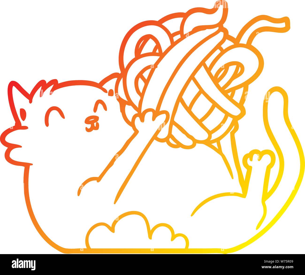 warm gradient line drawing of a cartoon cat playing with ball of string ...