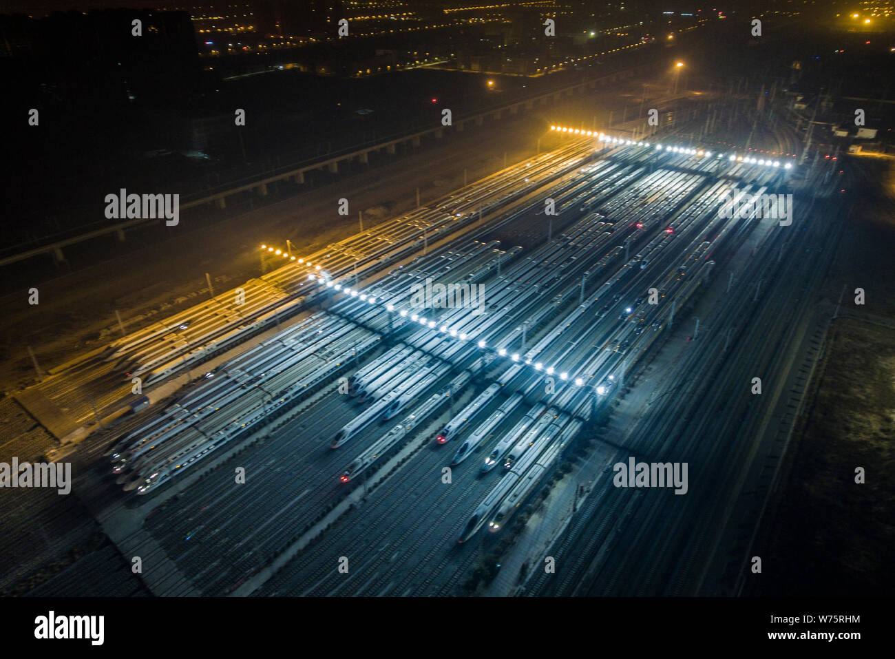 Aerial view of CRH (China Railway High-speed) bullet trains to operate ...