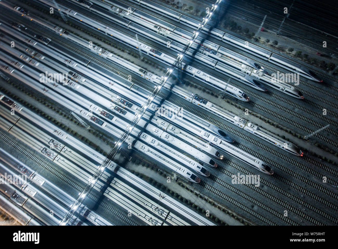 Aerial view of CRH (China Railway High-speed) bullet trains to operate ...