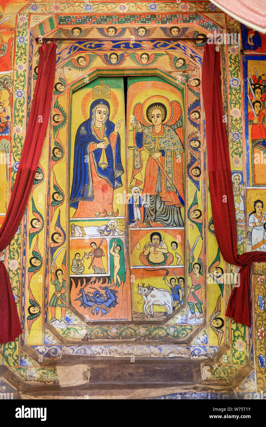 Painted frescoes in UNESCO Ura Kidane Mehret Church, monastery from ...