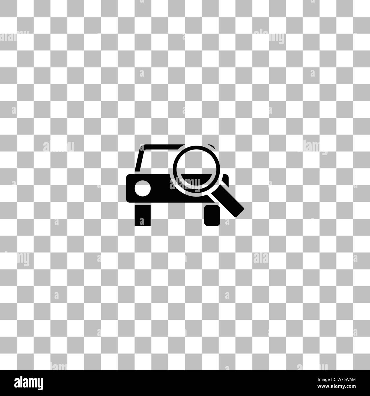 Magnifier car. Black flat icon on a transparent background. Pictogram ...