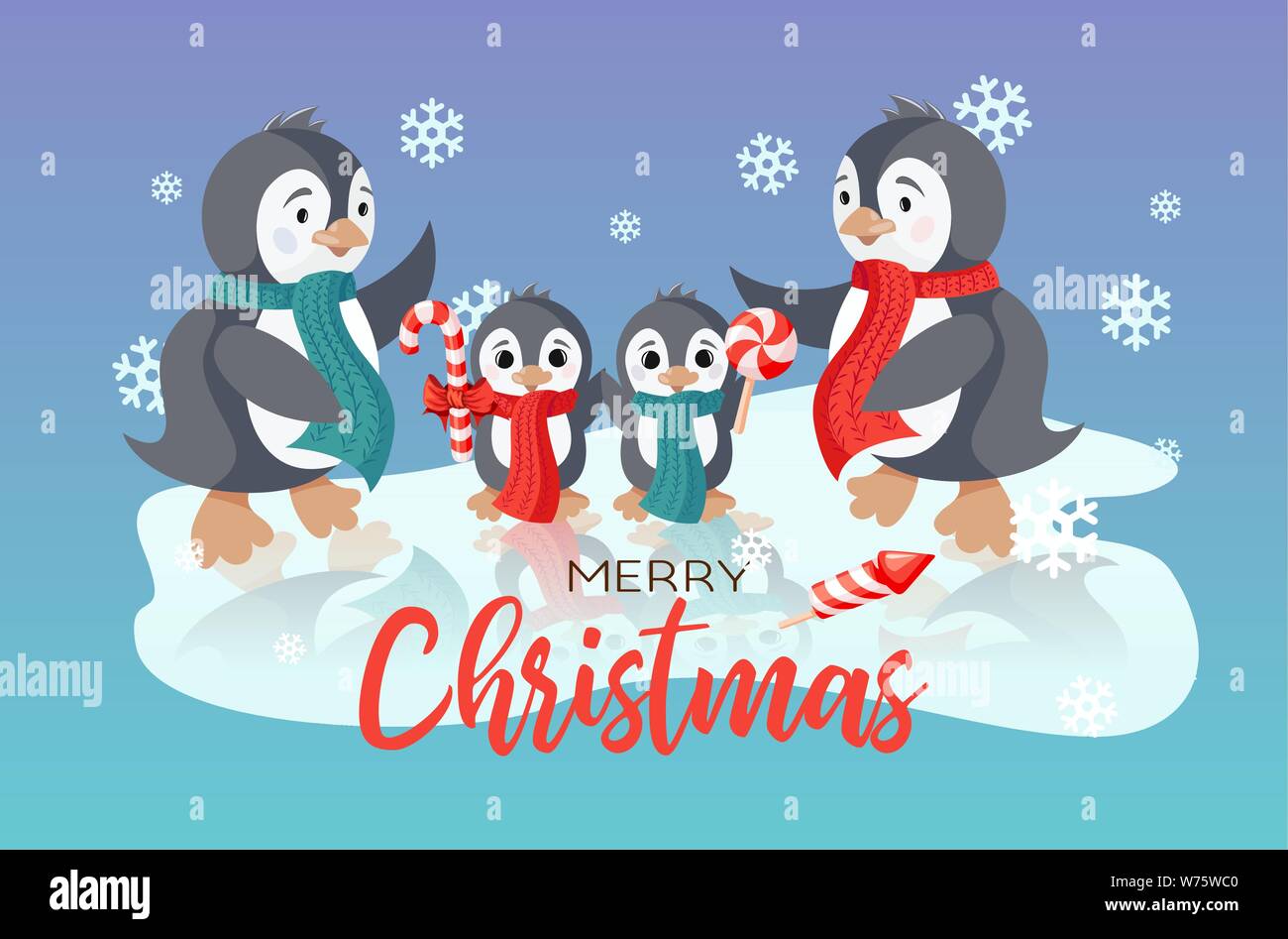 Winter Holiday vector christmas card with smiling cute penguins family ...